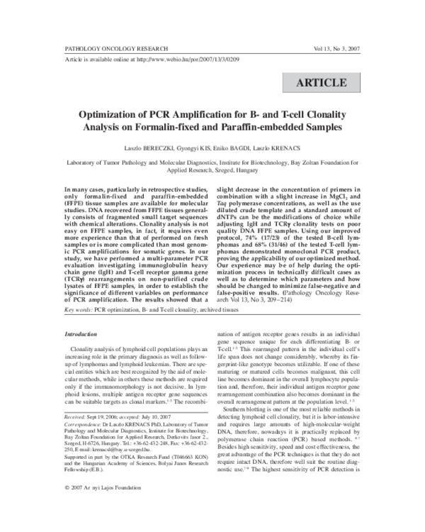 (PDF) Optimization of PCR amplification for B-and T-cell clonality analysis on formalin-fixed ...