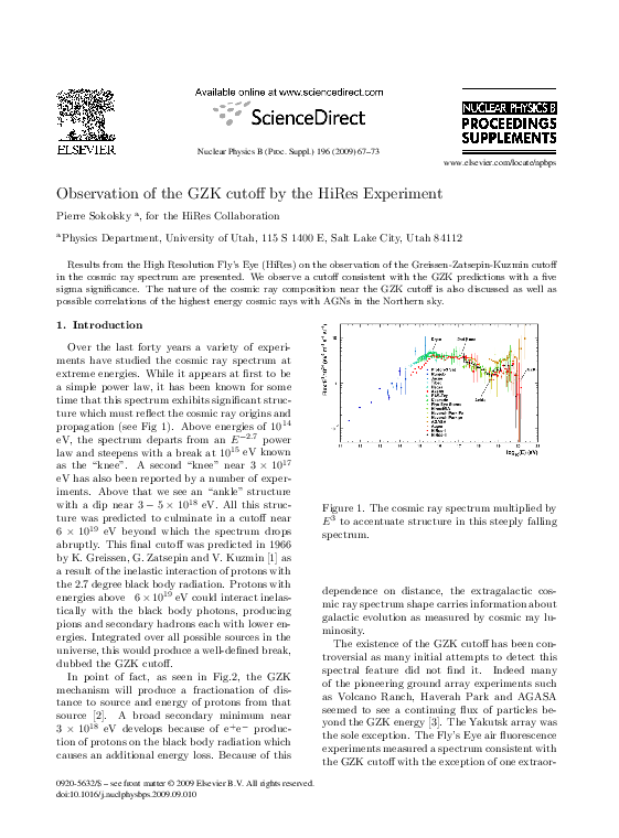 (PDF) Observation of the GZK cutoff by the HiRes Experiment | G. Sinnis ...