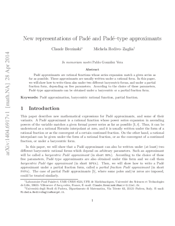(PDF) New representations of Pad\'e and Pad\'e-type approximants