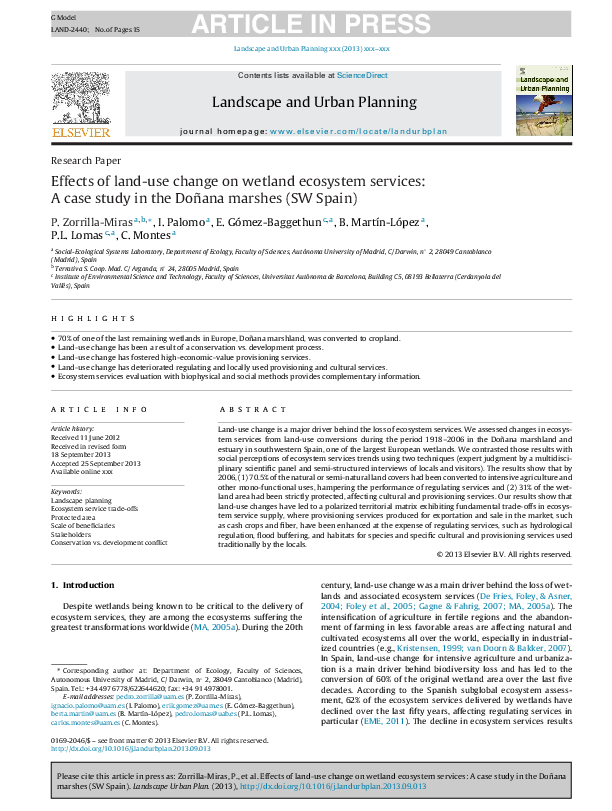 Pdf Effects Of Land Use Change On Wetland Ecosystem Services A Case