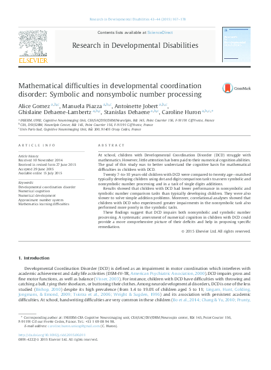 Mathematical difficulties in developmental coordination disorder: Symbolic and nonsymbolic ...