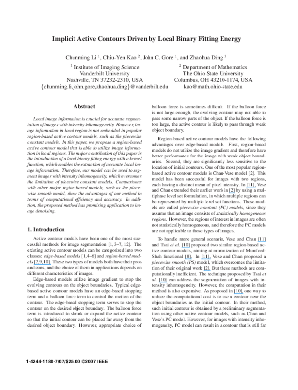 (PDF) Implicit Active Contours Driven by Local Binary Fitting Energy