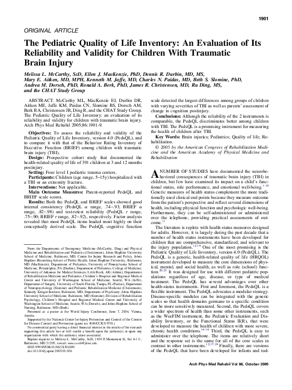 (PDF) Pediatric Quality of Life in TBI Evaluation