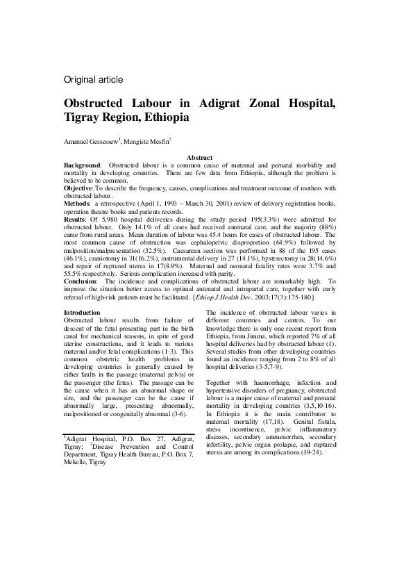 (PDF) Obstructed Labour in Adigrat Zonal Hospital, Tigray Region ...