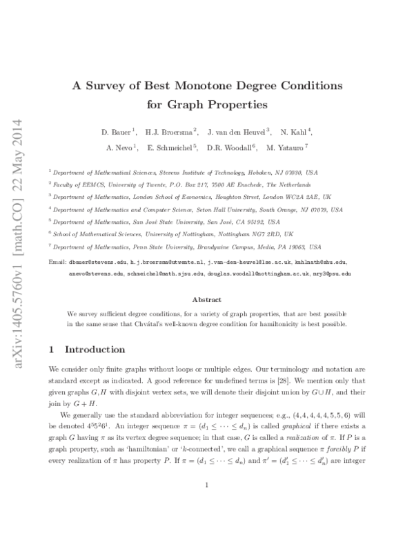 (PDF) Best Monotone Degree Conditions for Graph Properties: A Survey