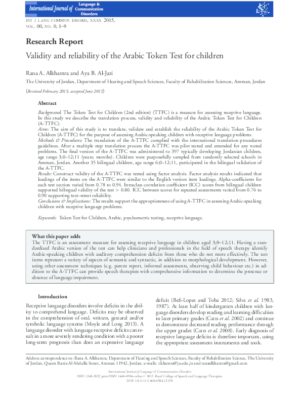 (PDF) Validity and reliability of the Arabic Token Test for children