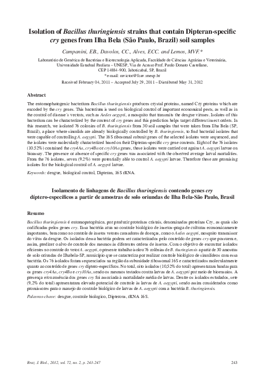 (PDF) Isolation of Bacillus thuringiensis strains that contain Dipteran ...