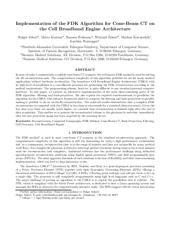(PDF) Implementation of the FDK algorithm for cone-beam CT on the cell broadband engine architecture