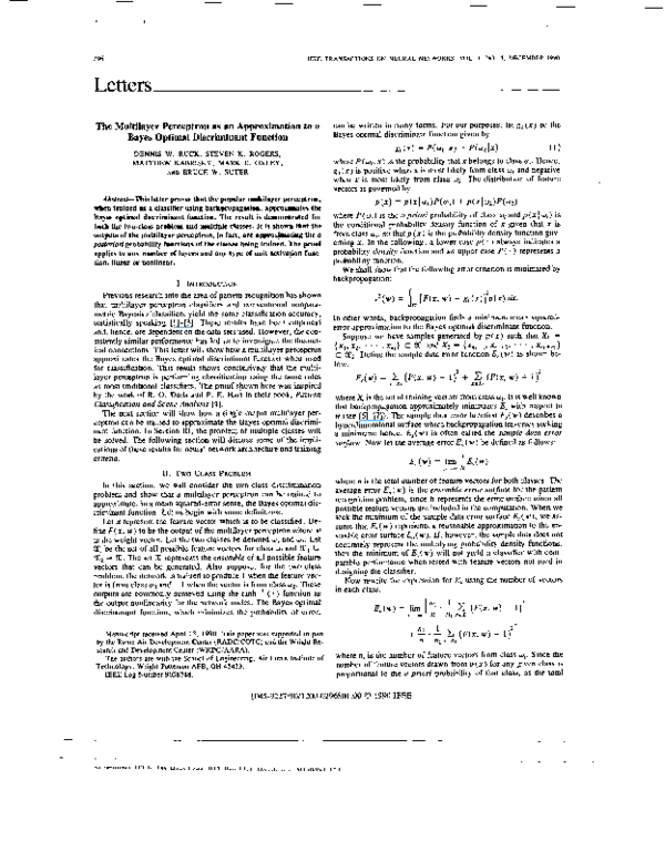 Pdf The Multilayer Perceptron As An Approximation To A Bayes Optimal Discriminant Function