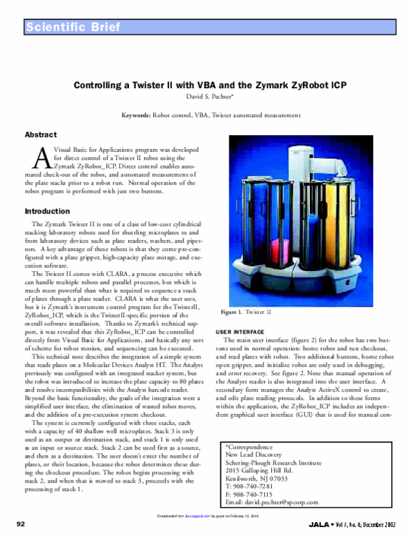 (PDF) Controlling a Twister II with VBA and the Zymark ZyRobot ICP