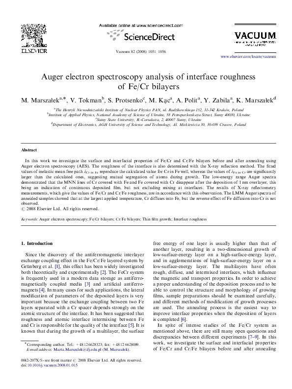 (PDF) Auger electron spectroscopy analysis of interface roughness of Fe ...