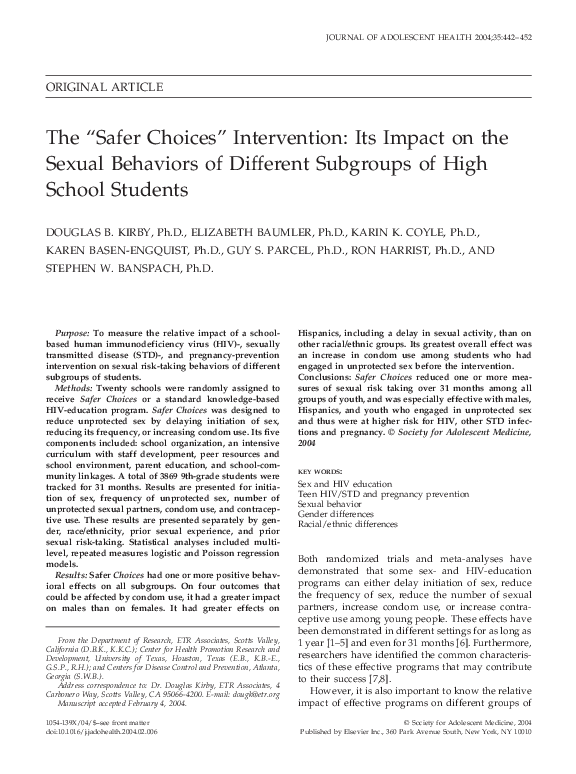 Pdf The “safer Choices” Intervention Its Impact On The Sexual