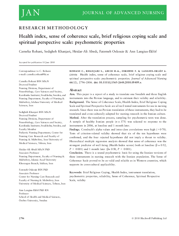 (PDF) Health index, sense of coherence scale, brief religious coping ...