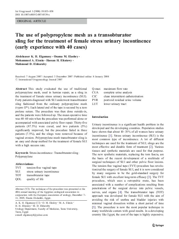 (PDF) The use of polypropylene mesh as a transobturator sling for the ...