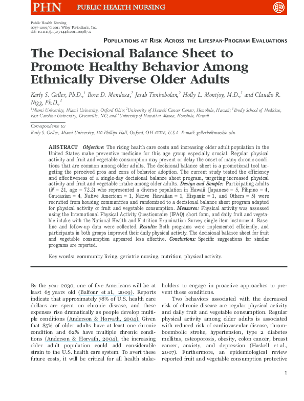 (PDF) The Decisional Balance Sheet to Promote Healthy Behavior Among ...