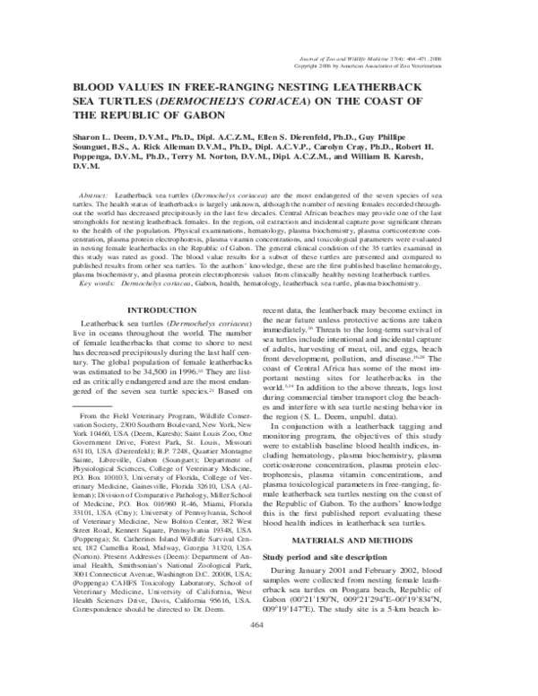 (PDF) Blood Values in Free-Ranging Nesting Leatherback Sea Turtles ...