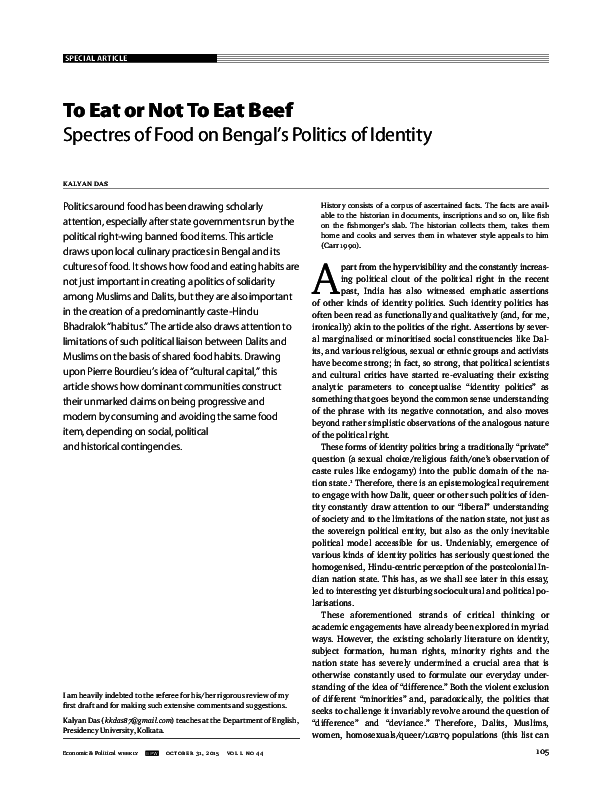 (PDF) To Eat or Not To Eat Beef Spectres of Food on Bengal's Politics ...