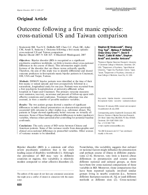 (PDF) Outcome following a first manic episode: cross-national US and ...