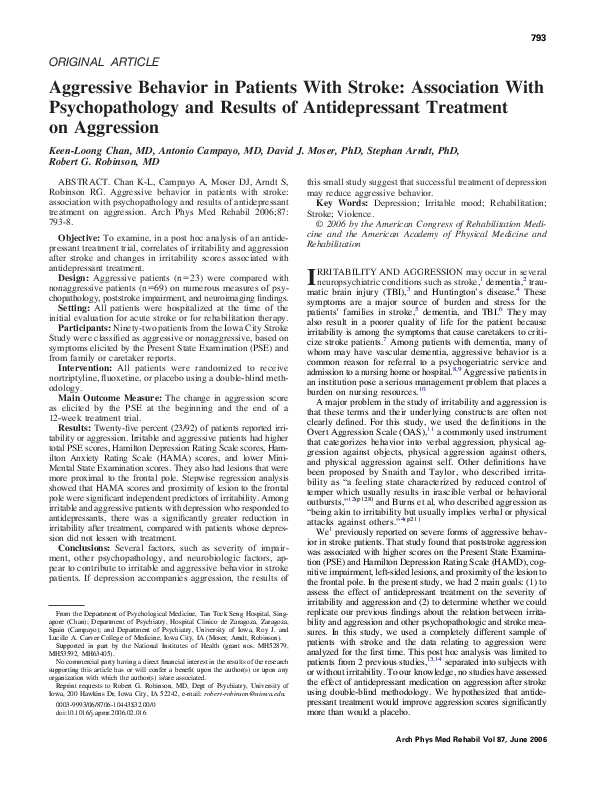 (PDF) Aggressive Behavior in Patients With Stroke: Association With ...
