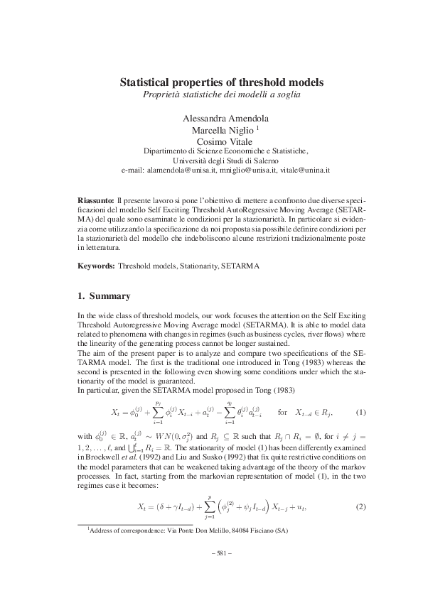 (PDF) Statistical Properties of Threshold Models