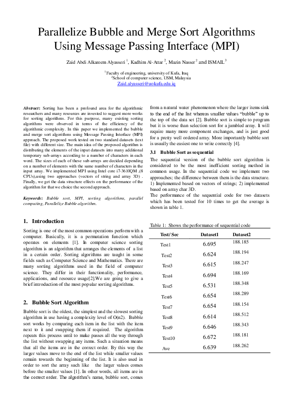 (PDF) Parallelize Bubble and Merge Sort Algorithms Using Message Passing Interface (MPI)