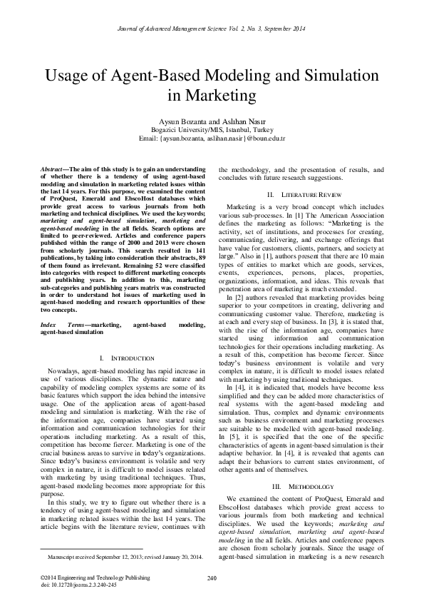 (PDF) Usage of Agent-Based Modeling and Simulation in Marketing