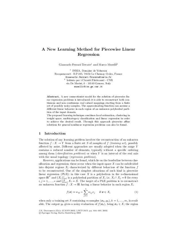 (PDF) A New Learning Method for Piecewise Linear Regression