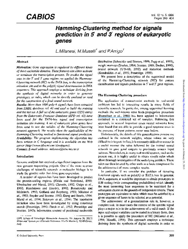 (PDF) Hamming-Clustering method for signals prediction in 5′ and 3′ regions of eukaryotic genes