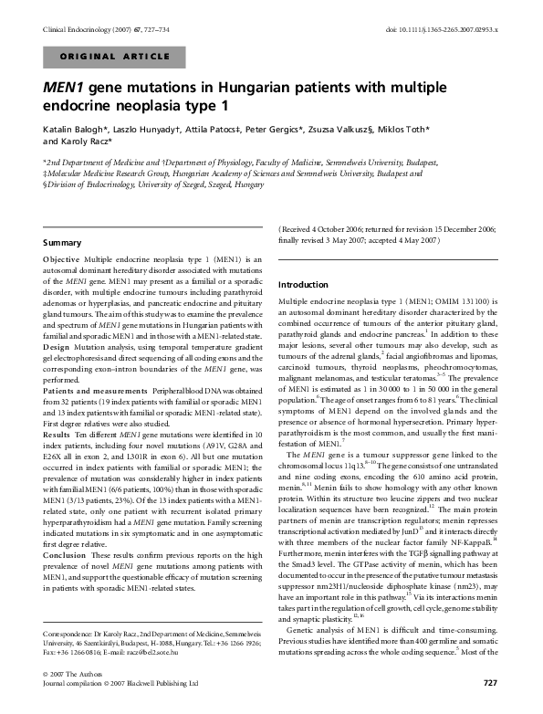 (PDF) MEN1 gene mutations in Hungarian patients with multiple endocrine ...