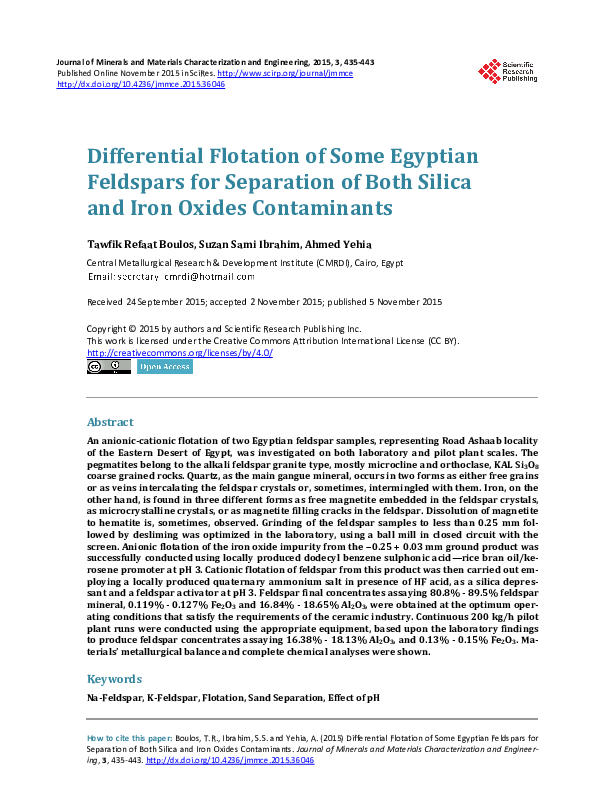 (PDF) Differential Flotation of Some Egyptian Feldspars for Separation ...