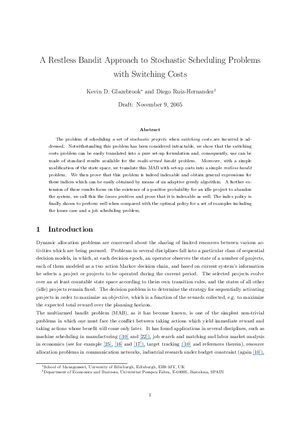 (PDF) A Restless Bandit Approach to Stochastic Scheduling Problems with Switching Costs
