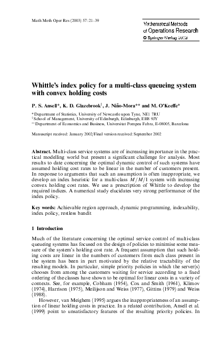 (PDF) Whittle's index policy for a multi-class queueing system with convex holding costs