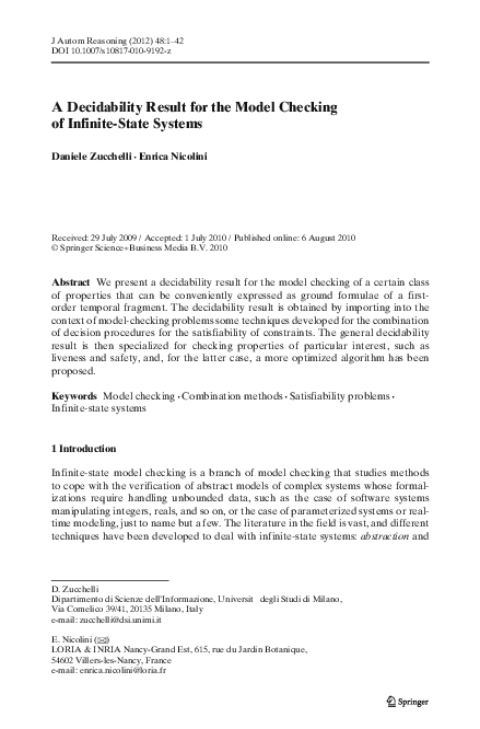 Pdf A Decidability Result For The Model Checking Of Infinite State Systems Enrica Nicolini 