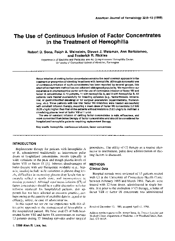 (PDF) The use of continuous infusion of factor concentrates in the ...
