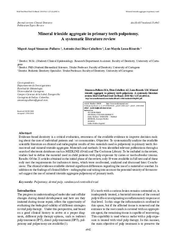 (PDF) Mineral trioxide aggregate in primary teeth pulpotomy. A ...