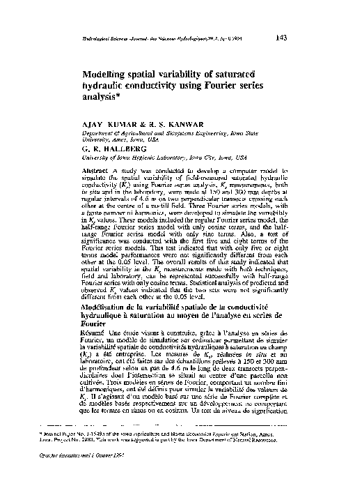 (PDF) Modelling spatial variability of saturated hydraulic conductivity using Fourier series ...