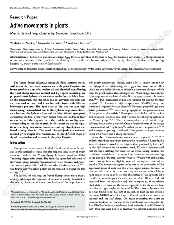 (PDF) Active movements in plants: Mechanism of trap closure by Dionaea ...