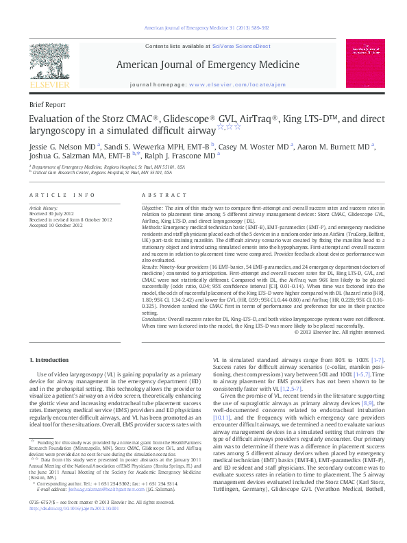 (PDF) Evaluation of the Storz CMAC®, Glidescope® GVL, AirTraq®, King ...
