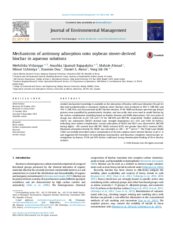 (PDF) Mechanisms of antimony adsorption onto soybean stover-derived ...