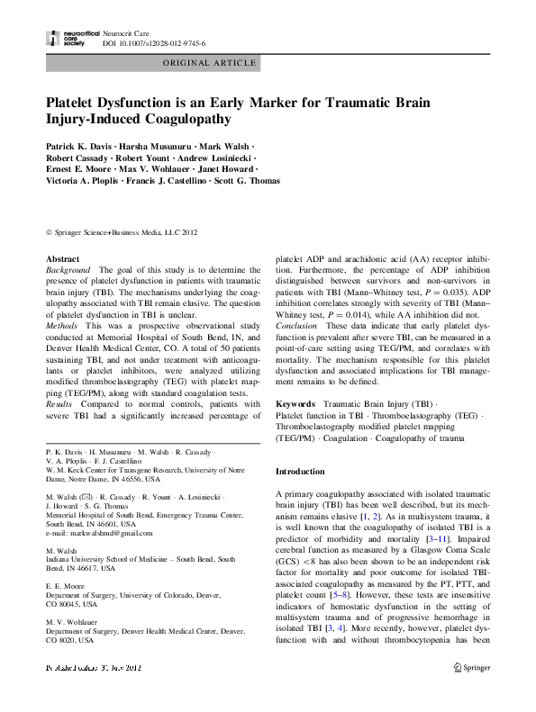 (PDF) Platelet Dysfunction is an Early Marker for Traumatic Brain ...
