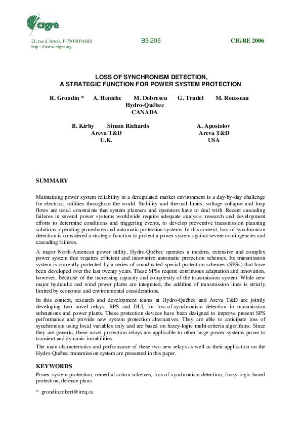 (PDF) Loss of Synchronism Detection, a Strategic Function for Power System Protection