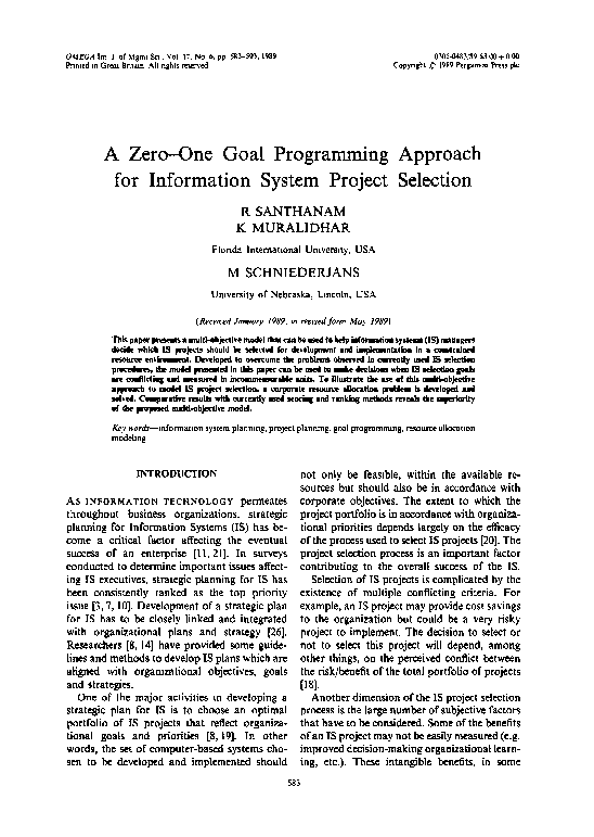 (PDF) A zero-one goal programming approach for information system project selection