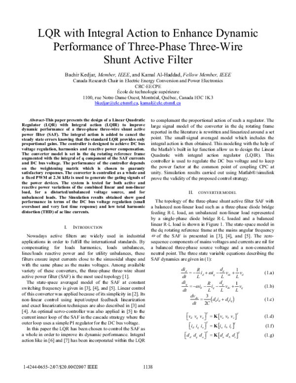 (PDF) LQR with Integral Action to Enhance Dynamic Performance of Three ...