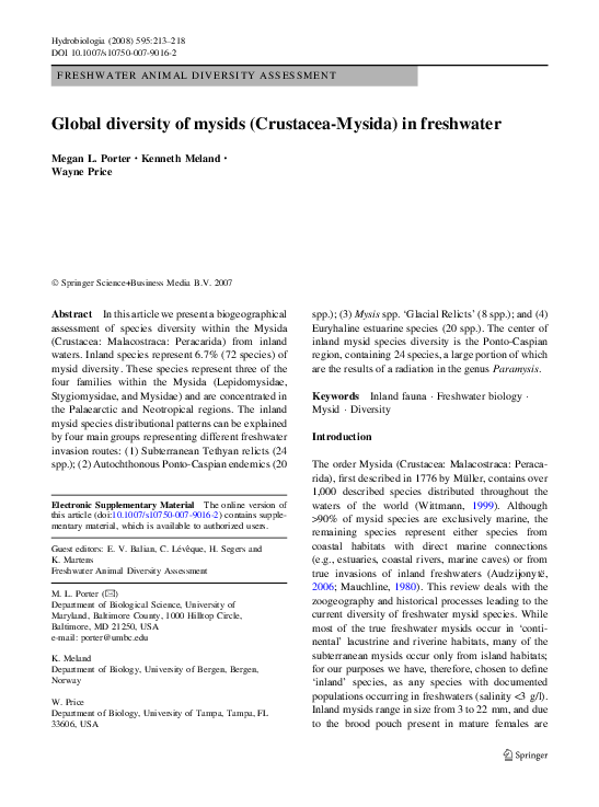 (PDF) Global diversity of mysids (Crustacea-Mysida) in freshwater