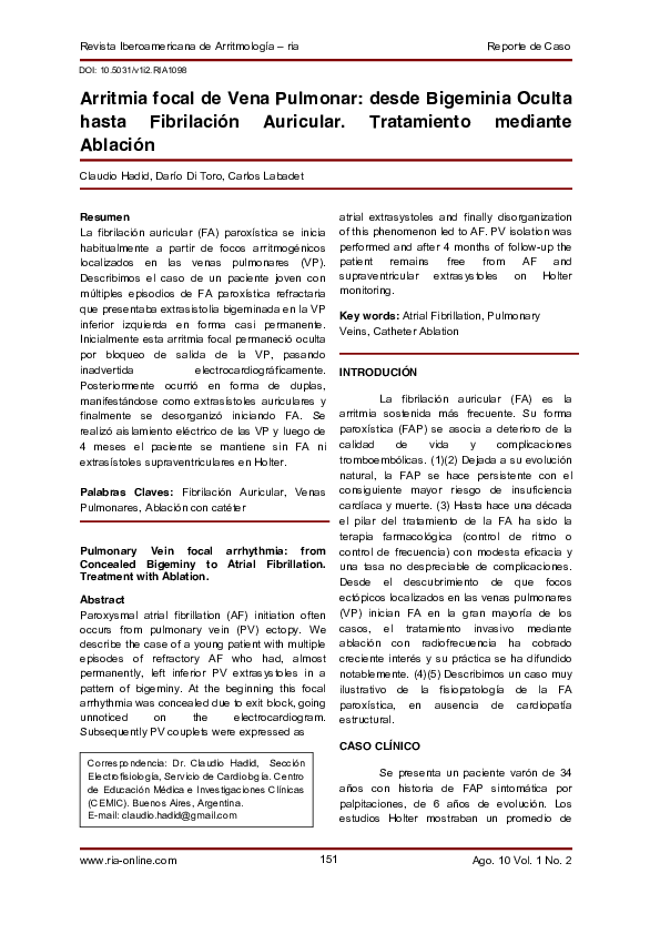 (PDF) Arritmia focal de Vena Pulmonar: desde Bigeminia Oculta hasta ...
