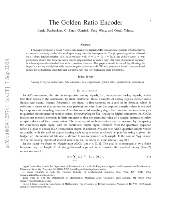 (PDF) The Golden Ratio Encoder | I. Daubechies and Ozgur Yilmaz ...