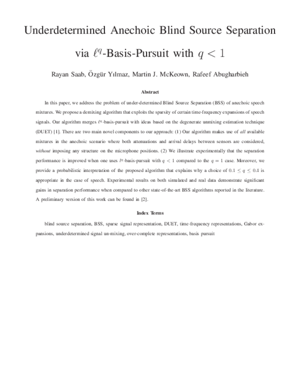 (PDF) Underdetermined Anechoic Blind Source Separation via $\ell^{q}$ -Basis-Pursuit With $q≪1$