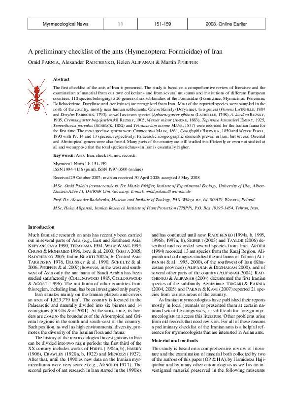 (PDF) A Preliminary Checklist of the Ants (Hymenoptera: Formicidae) of Everglades National Park