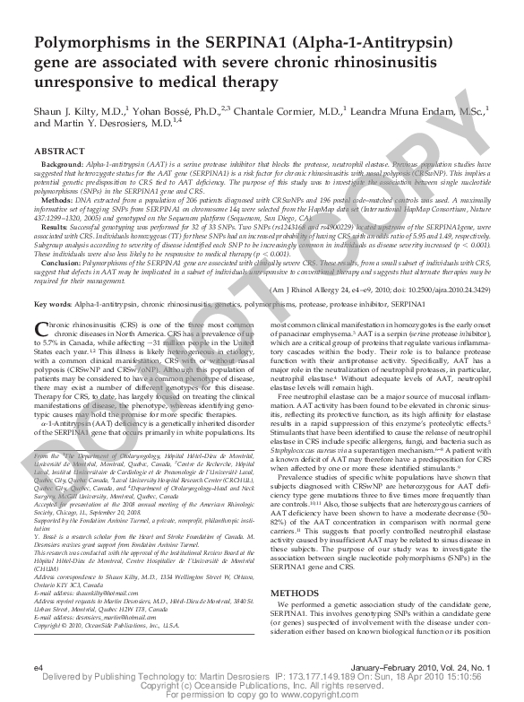(PDF) Polymorphisms in the SERPINA1 (Alpha-1-Antitrypsin) gene are ...