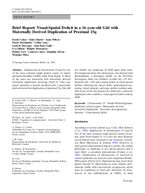 (PDF) Brief report: visual-spatial deficit in a 16-year-old girl with ...